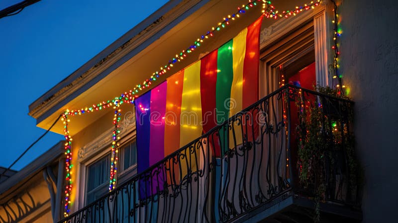 Illuminated Rainbow Flag on Balcony at Night Stock Photo - Image of ...