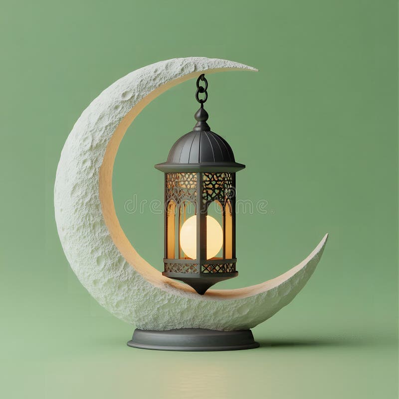 Illuminated Ramadan Lantern Hanging from Crescent Moon Decor Stock ...