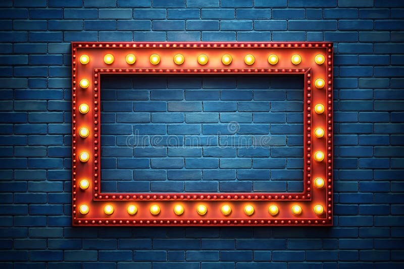 Illuminated Rectangular Frame on Brick Wall, Dark Background ...