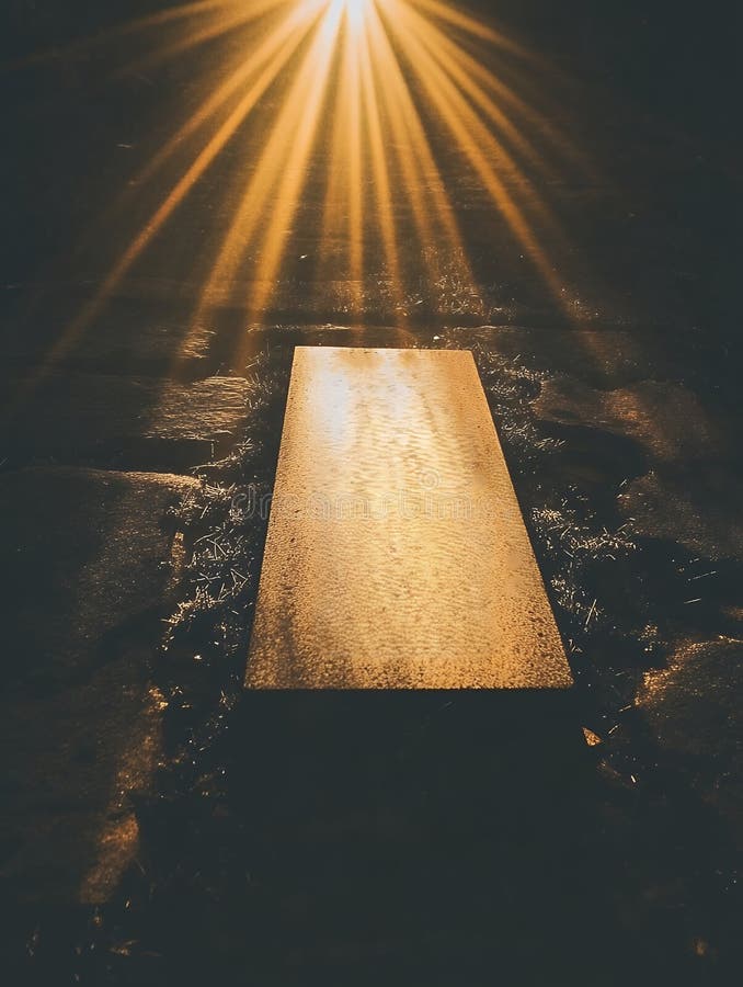 Illuminated Rectangular Object on Ground with Light Rays Shining Down ...