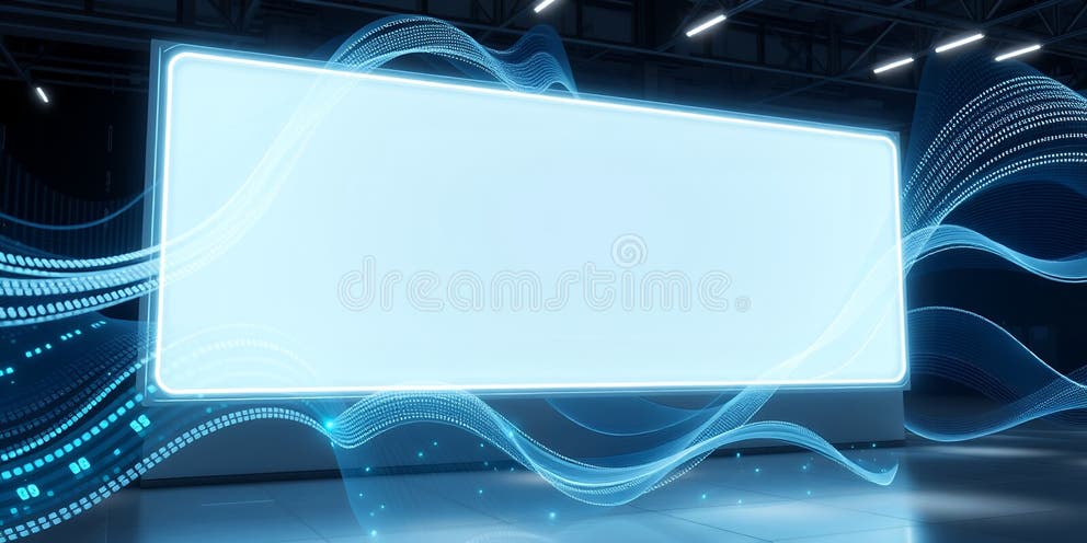 Illuminated Rectangular Screen Surrounded by Digital Wave Patterns in a ...