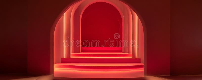 Illuminated Red Archway with Glowing Steps, Abstract Interior Design ...