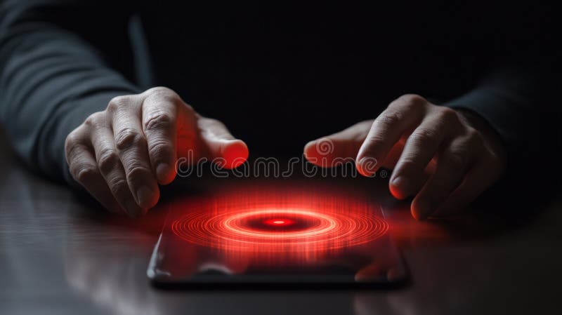 Illuminated Red Circle Notification on Digital Device with Hands Stock ...