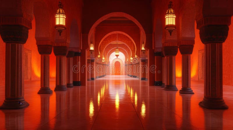 Illuminated Red Corridor with Ornate Columns and Arches Stock ...