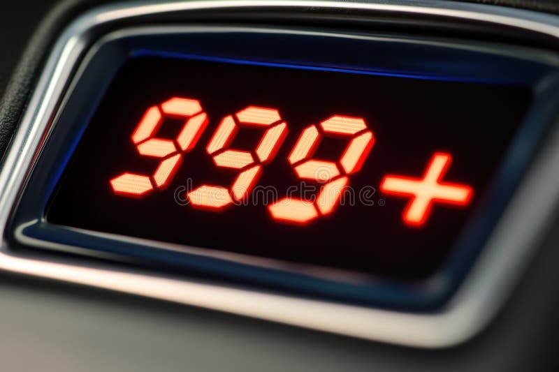 Illuminated Red Digital Display Showing 999 Plus on Black Background ...