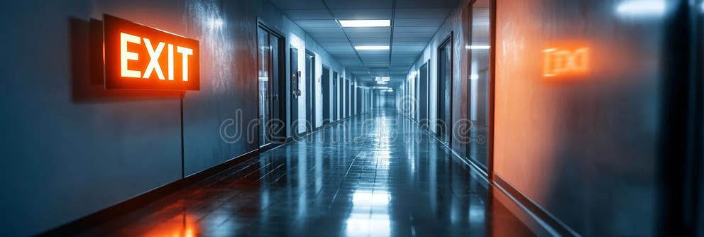 Illuminated Red Exit Sign in Long Empty Corridor Highlighting Potential ...