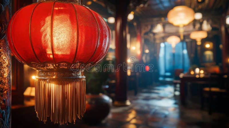 Illuminated Red Lantern in Asian Restaurant Setting Stock Illustration ...