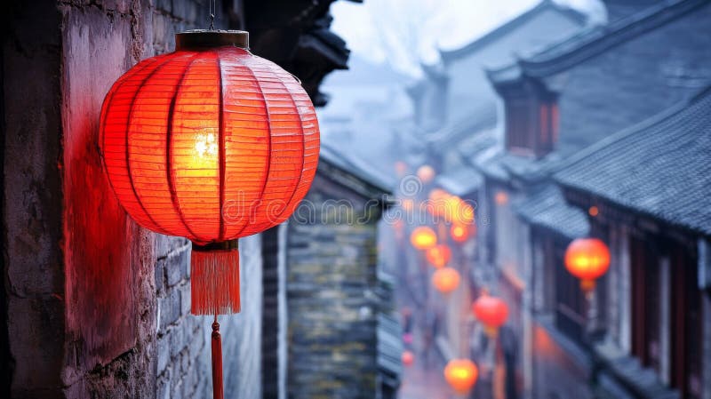 Illuminated Red Lantern Hanging on Ancient Chinese Building Wall Stock ...