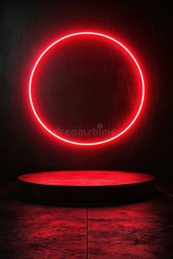 Illuminated Red Neon Circle on a Dark Background with a Reflective ...