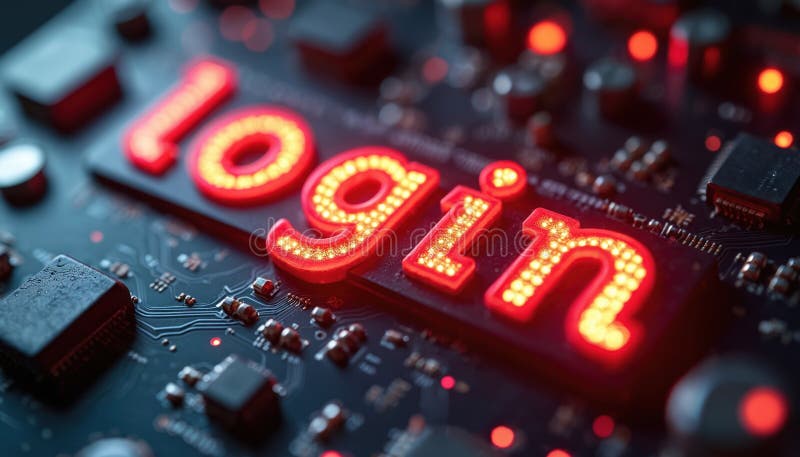 Illuminated Red Neon Text LOGIN Glows on Dark Circuit Board. Digital ...