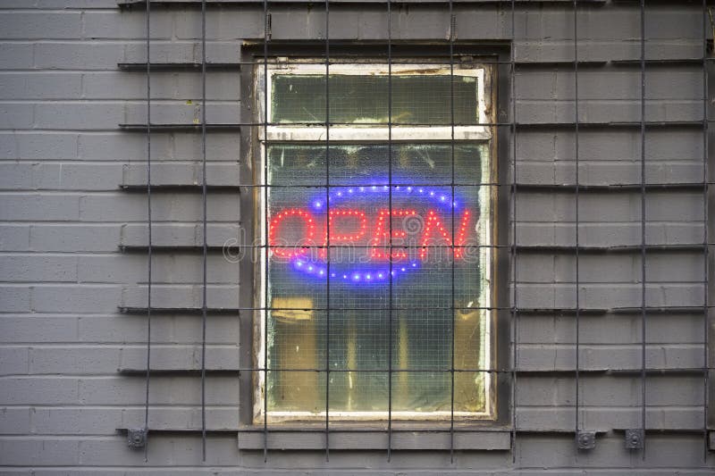 Illuminated Red Open Sign on Shop Window Stock Photo - Image of glow ...