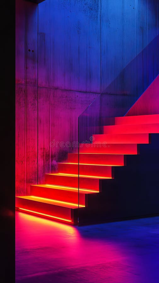 Illuminated Red Stairs in Dark Modern Interior Stock Image - Image of ...