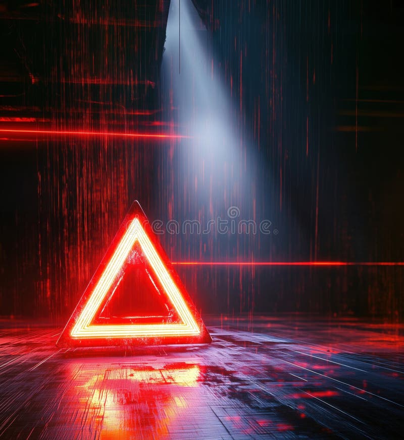 Illuminated Red Triangle Sign in Dark Environment with Rain and Light ...