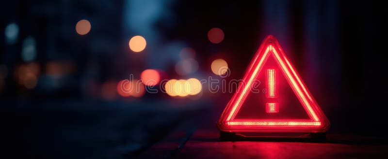 The Illuminated Red Warning Triangle Signaling Danger in an Urban ...
