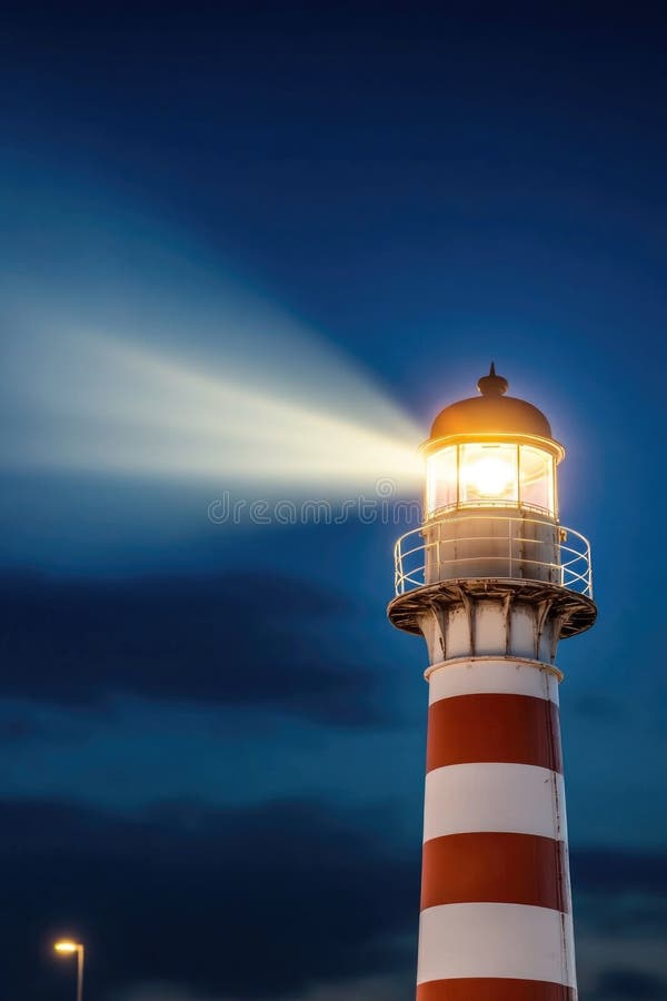 Illuminated Red and White Lighthouse at Night Stock Illustration ...