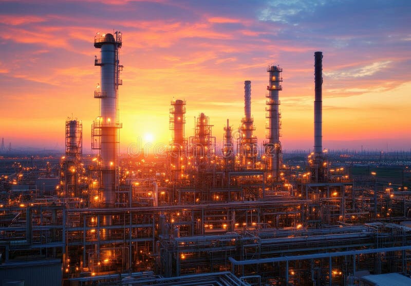 Illuminated Refinery Complex at Sunset Stock Illustration ...