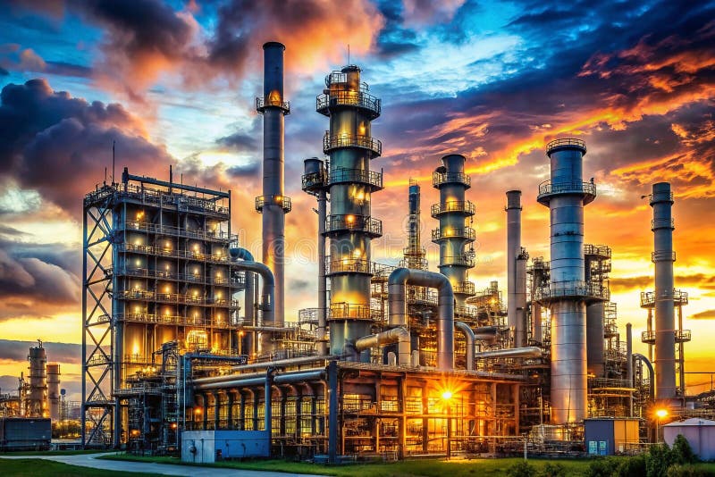 Illuminated Refinery at Sunset Stock Illustration - Illustration of ...