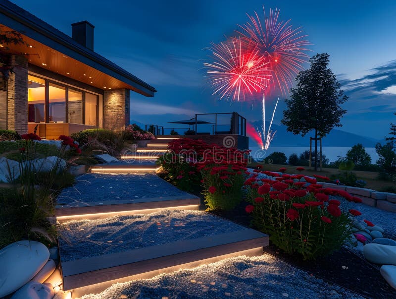 Illuminated Residential Garden Landscape with Dramatic Fireworks ...