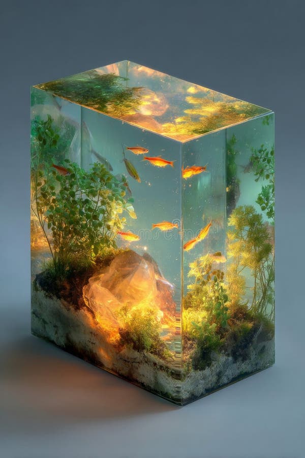 Illuminated Resin Block with Orange Fish and Green Plants Stock ...