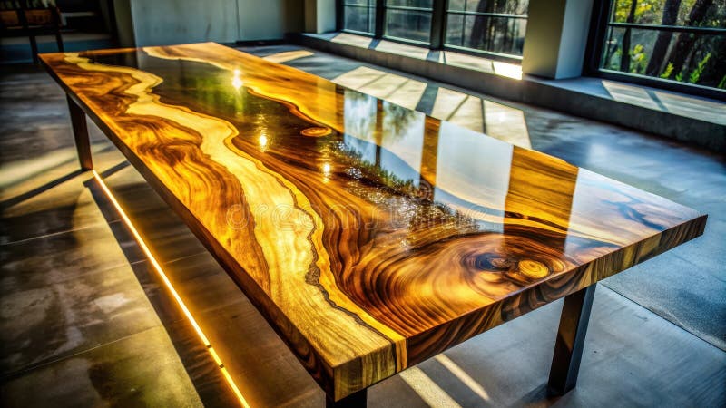 Illuminated Resin River Table with Wood Grain Detail. Generative AI ...