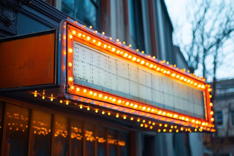 Illuminated Retro Theater Sign with Blank Space, Framed by Warm Glowing ...