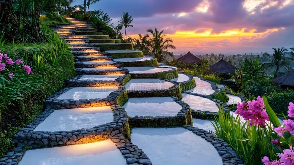 Illuminated Rice Terraces at Sunset in Bali Stock Illustration ...