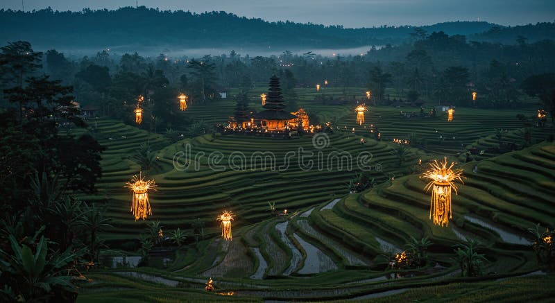 Illuminated Rice Terraces and Temple at Night in Bali Landscape Stock ...