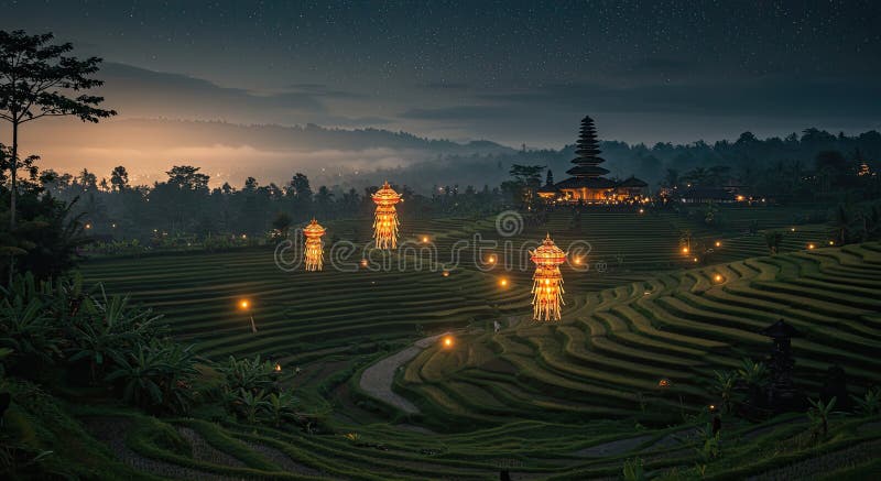 Illuminated Rice Terraces and Temple at Night in Bali Landscape Stock ...
