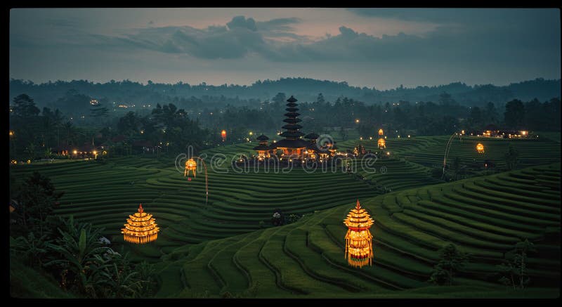 Illuminated Rice Terraces and Temple at Night in Bali Landscape Stock ...