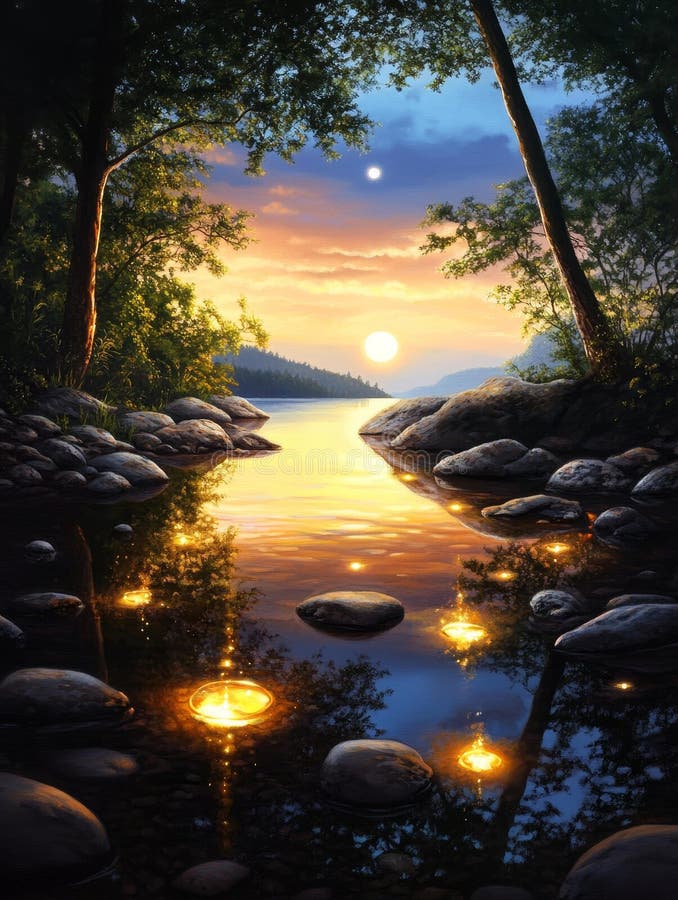 Illuminated River Landscape Serene Sunset Scene Reflecting Lights on ...