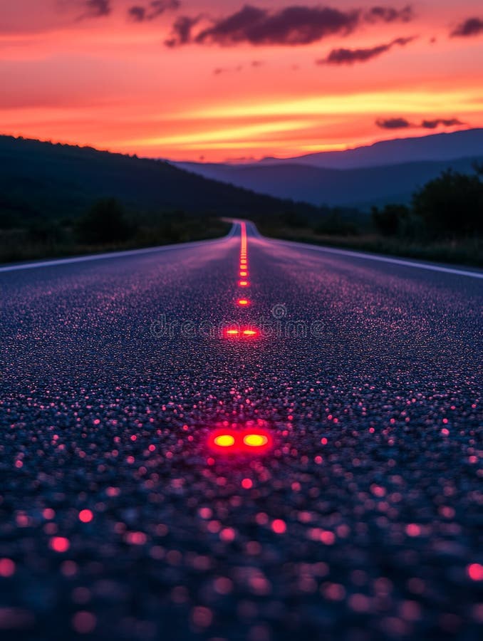 Illuminated Road at Sunset with Dramatic Sky. Stock Image - Image of ...