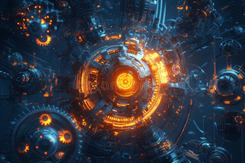 Illuminated Robot Amidst Suspended Gears and Mechanisms Representing ...