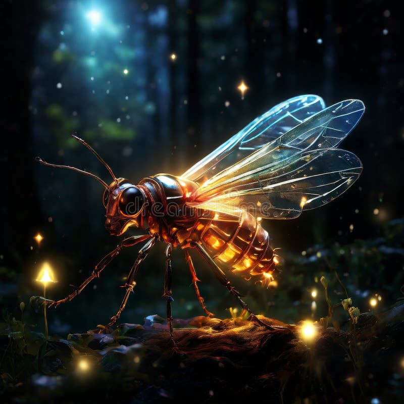 Illuminated Robotic Wasp in a Magical Forest Stock Image - Image of ...