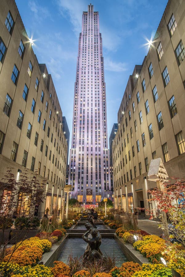 Illuminated Rockefeller Plaza Decorated for Fall with a Tower in the ...