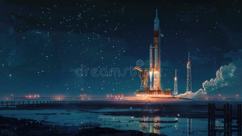 Illuminated Rocket on Nighttime Launchpad, Ready for Launch and Evoking ...