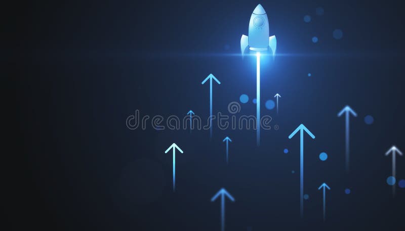 Illuminated Rocket Symbolizing Business Growth with Upward Arrows on a ...