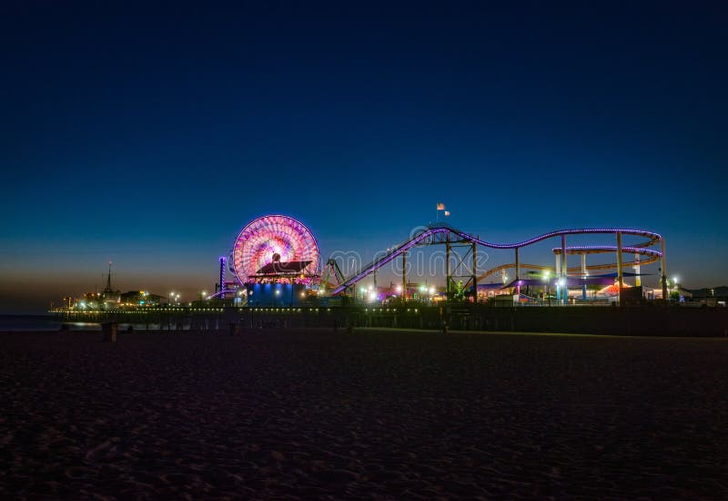 Illuminated Roller Coaster in Santa Monica, CA at Night Editorial Image ...