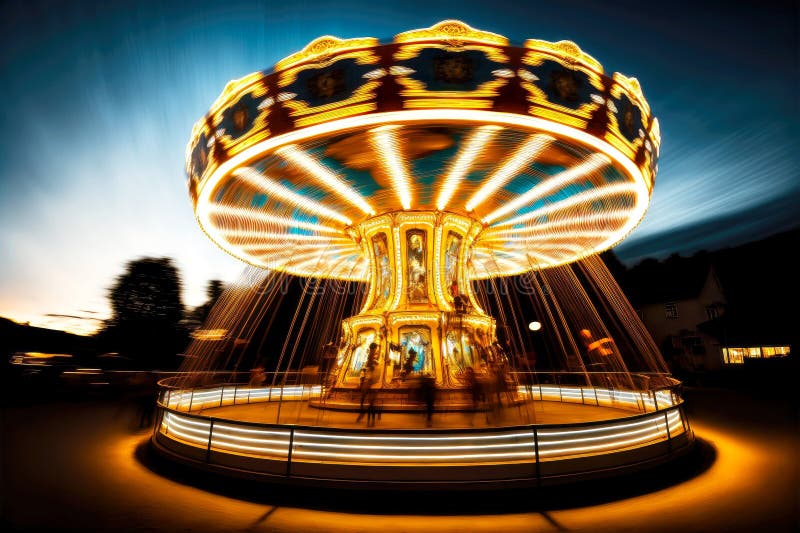 Illuminated Rotating Carousel in Evening Amusement Park Stock ...