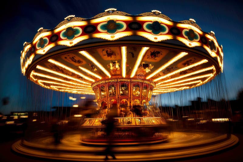 Illuminated Rotating Carousel in Evening Amusement Park Stock ...