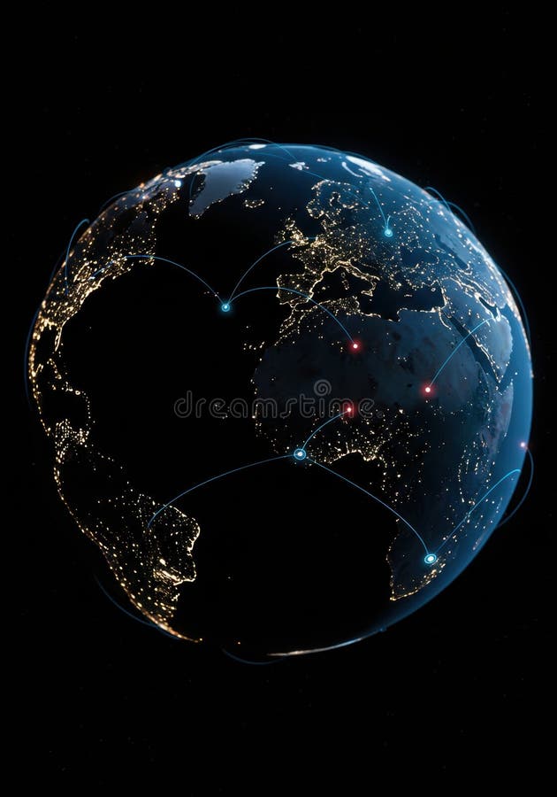 Illuminated Rotating Earth Globe at Night with City Lights and Network ...