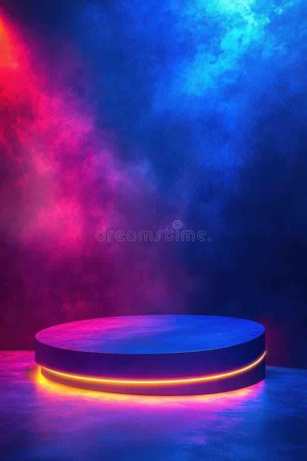 Illuminated Round Platform Neon Lights Purple Blue Background Stock ...