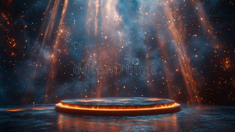 Illuminated Round Stage Under a Starry Sky with Light Beams Stock Photo ...