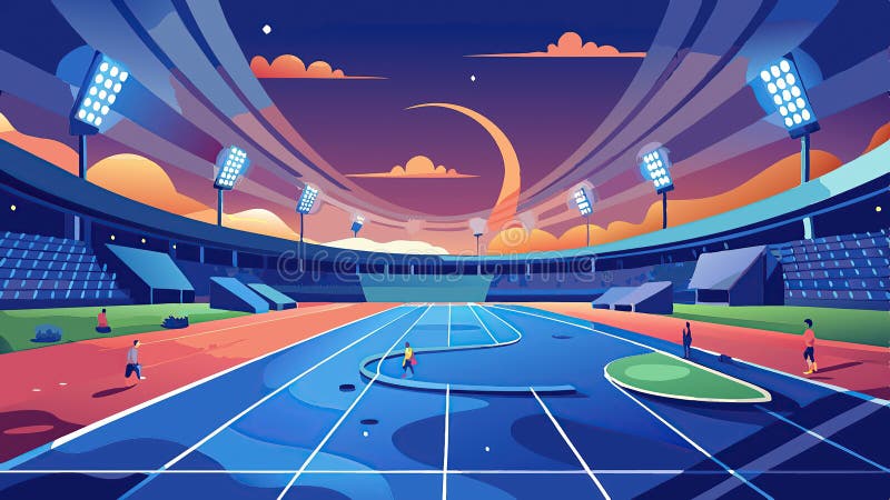 Illuminated Running Track at Sunset with Central Field Scenery Stock ...