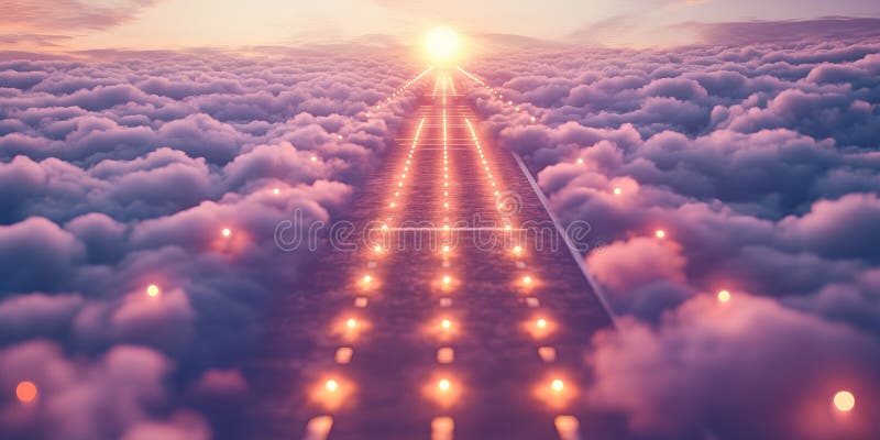 Illuminated Runway Above Clouds at Sunset Heavenly Path Abstract ...