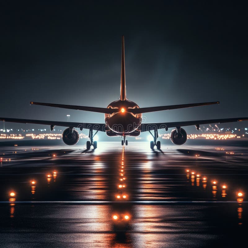 Illuminated Runway with Airplane Ready for Takeoff at Night Surrounded ...