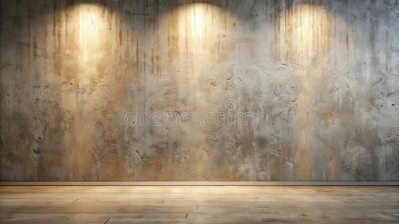 Illuminated Rustic Concrete Wall and Wooden Floor Interior Design ...