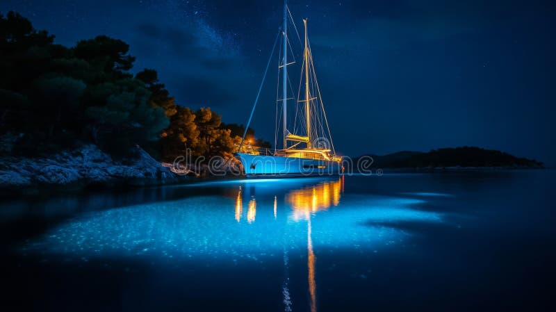 Illuminated Sailboat Anchored in a Starry Night Sea Stock Illustration ...