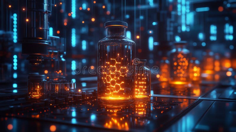 Illuminated Science Lab with Chemical Structures and Digital Tech Stock ...