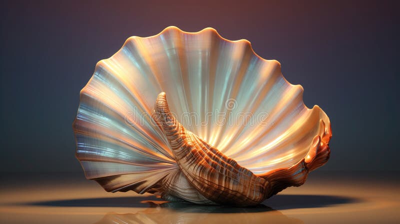 Illuminated Seashell with Radiant Stripes on a Reflective Surface Stock ...