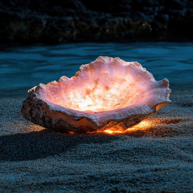 Illuminated Seashell on a Sandy Beach at Night. Stock Illustration ...